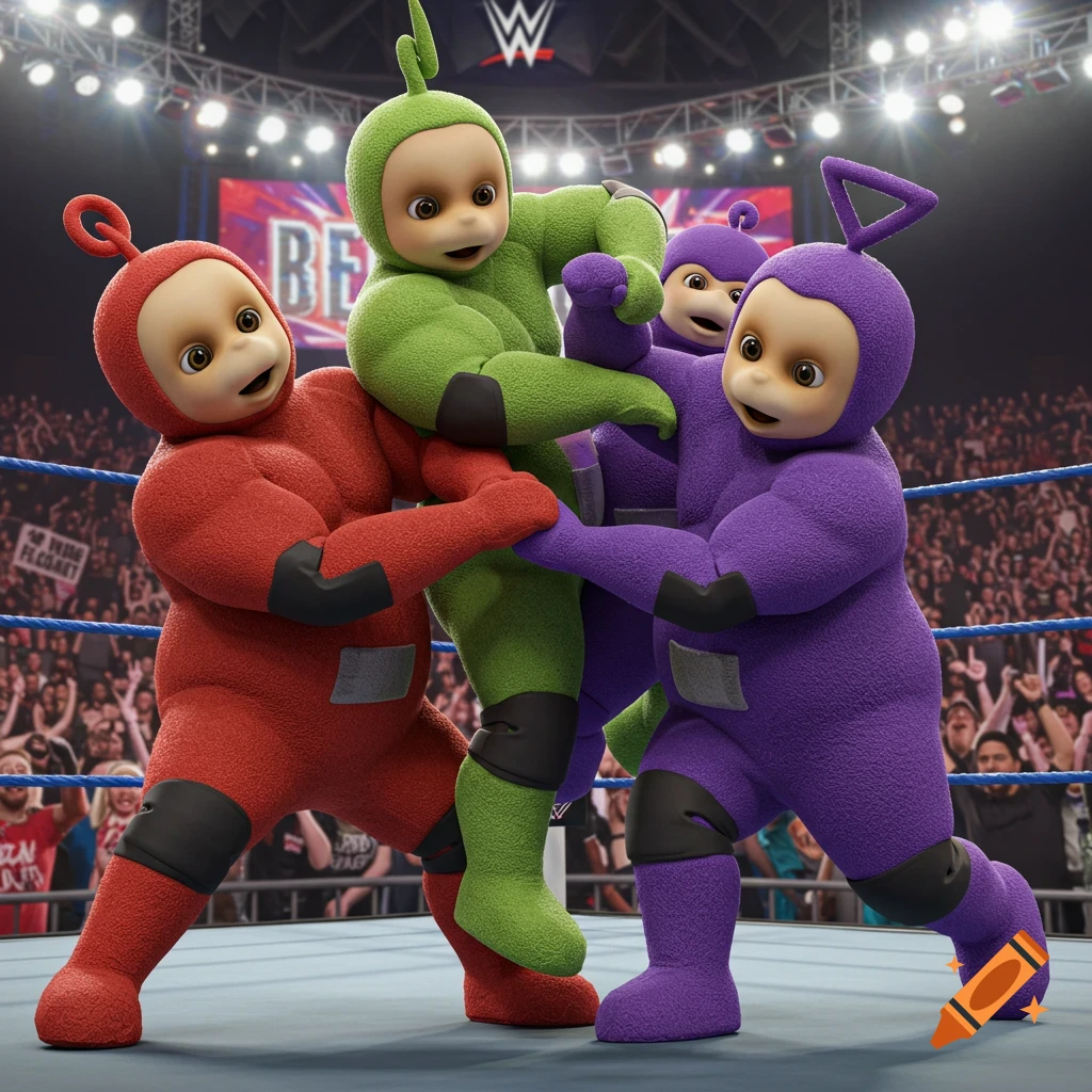 Buff Teletubbies wrestling in a WWE ring. on Craiyon