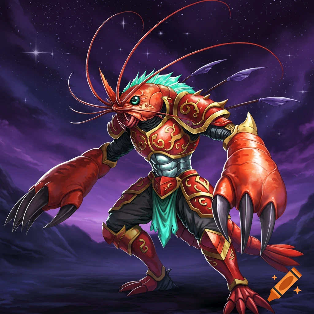 A shrimp-like creature wearing elaborate red and gold armor stands ...
