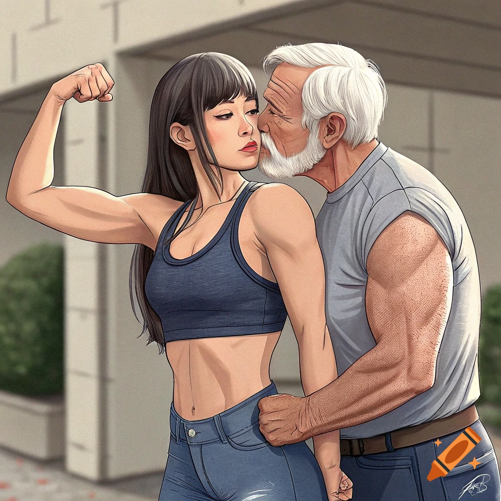 Thai female bodybuilder flexing bicep kissed by older man with white beard on Craiyon
