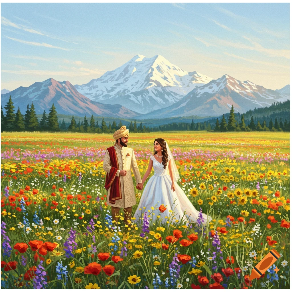A wedding couple stands in a field of wildflowers with mountains in the ...