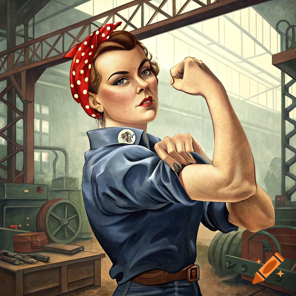 Rosie the Riveter flexing her bicep in a factory on Craiyon