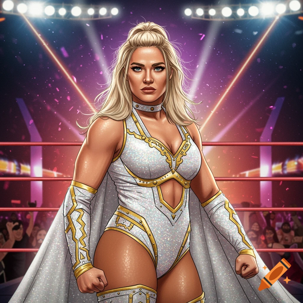 A female wrestler in white and gold gear in a ring on Craiyon