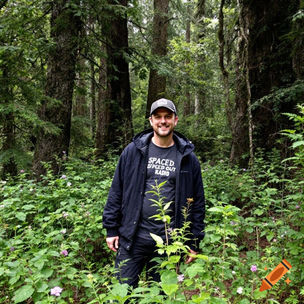 Dave Scott of Spaced Out Radio in British Columbia forest meadow on Craiyon