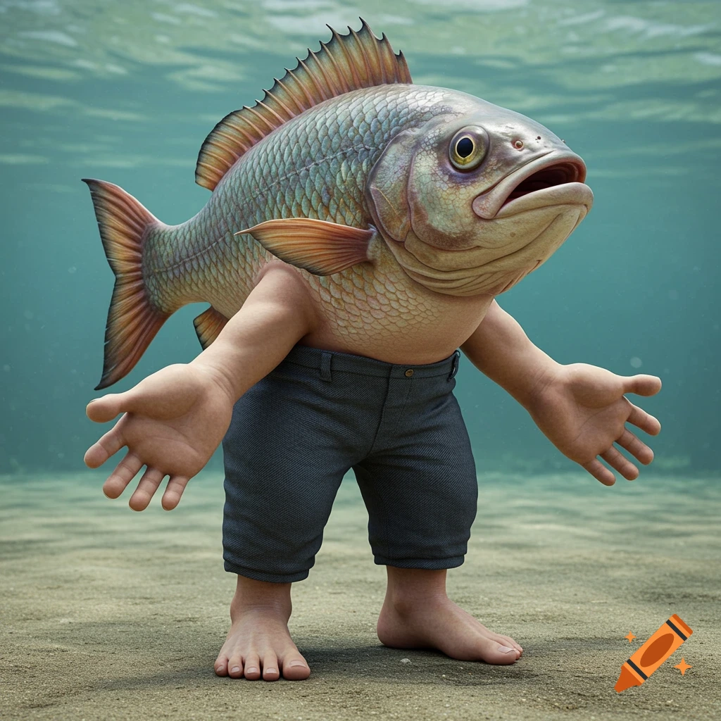 Stylized orange fish with bushy eyebrows and open mouth against a black ...