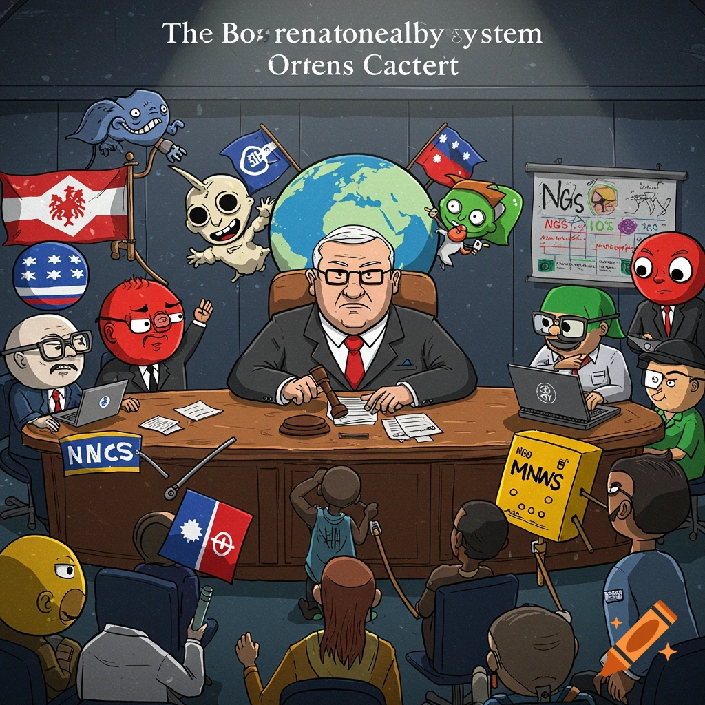 Cartoon illustrating global roles with states, NGOs, IGOs, MNCs on Craiyon