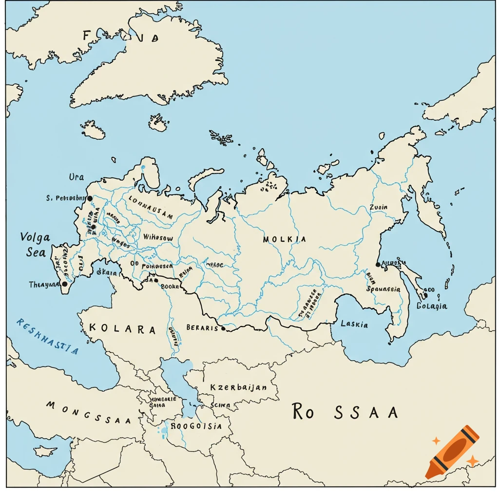 Map of Russia with rivers, mountains, cities, and borders on Craiyon