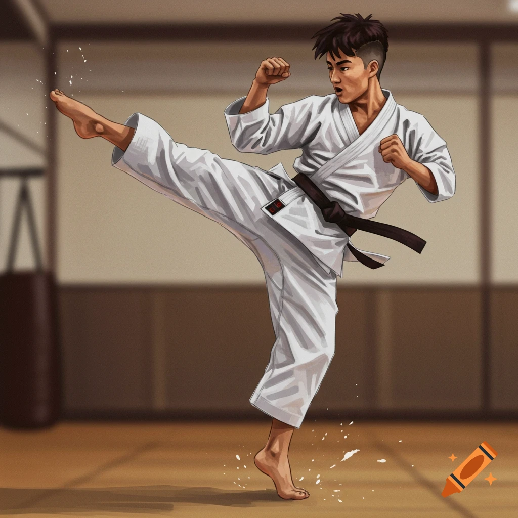 A person in a karate gi is performing a high kick in a dojo. on Craiyon