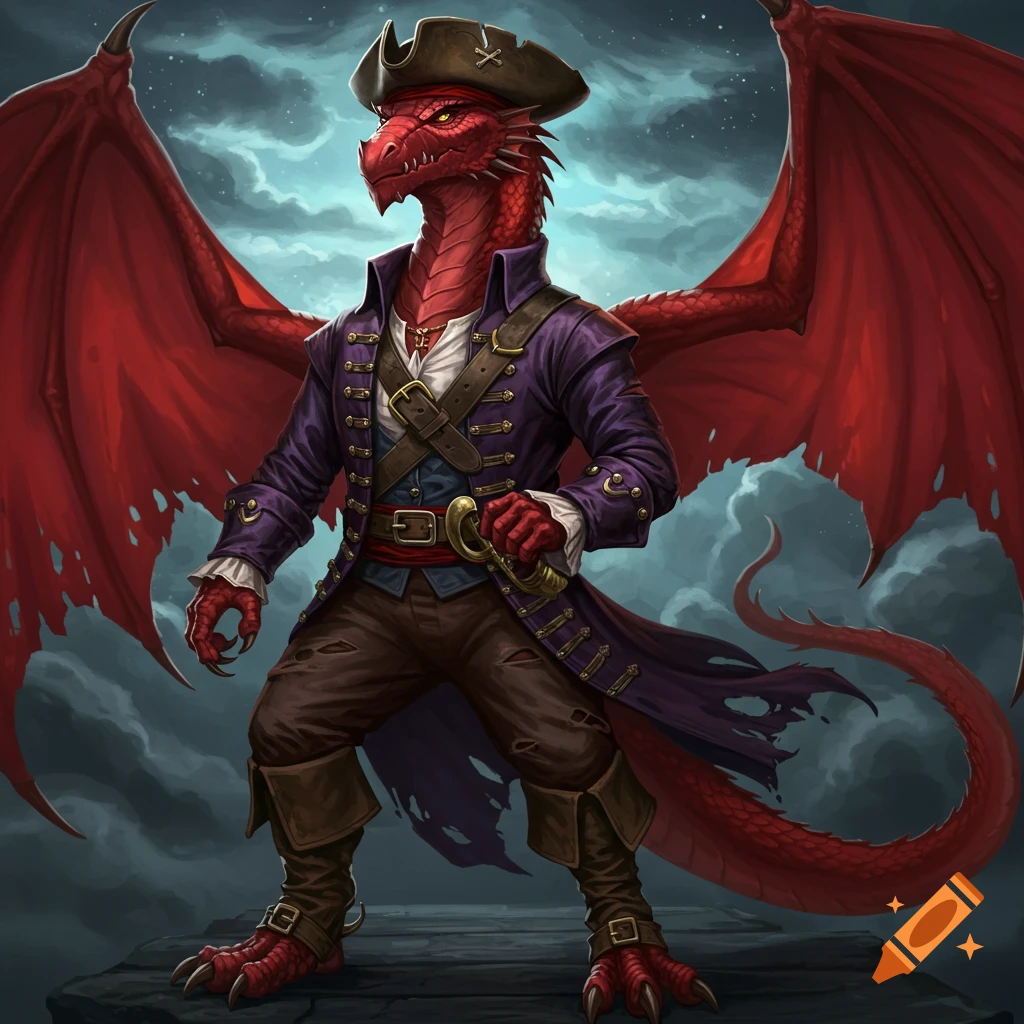 A red dragon dressed as a pirate stands on a rocky surface against a ...