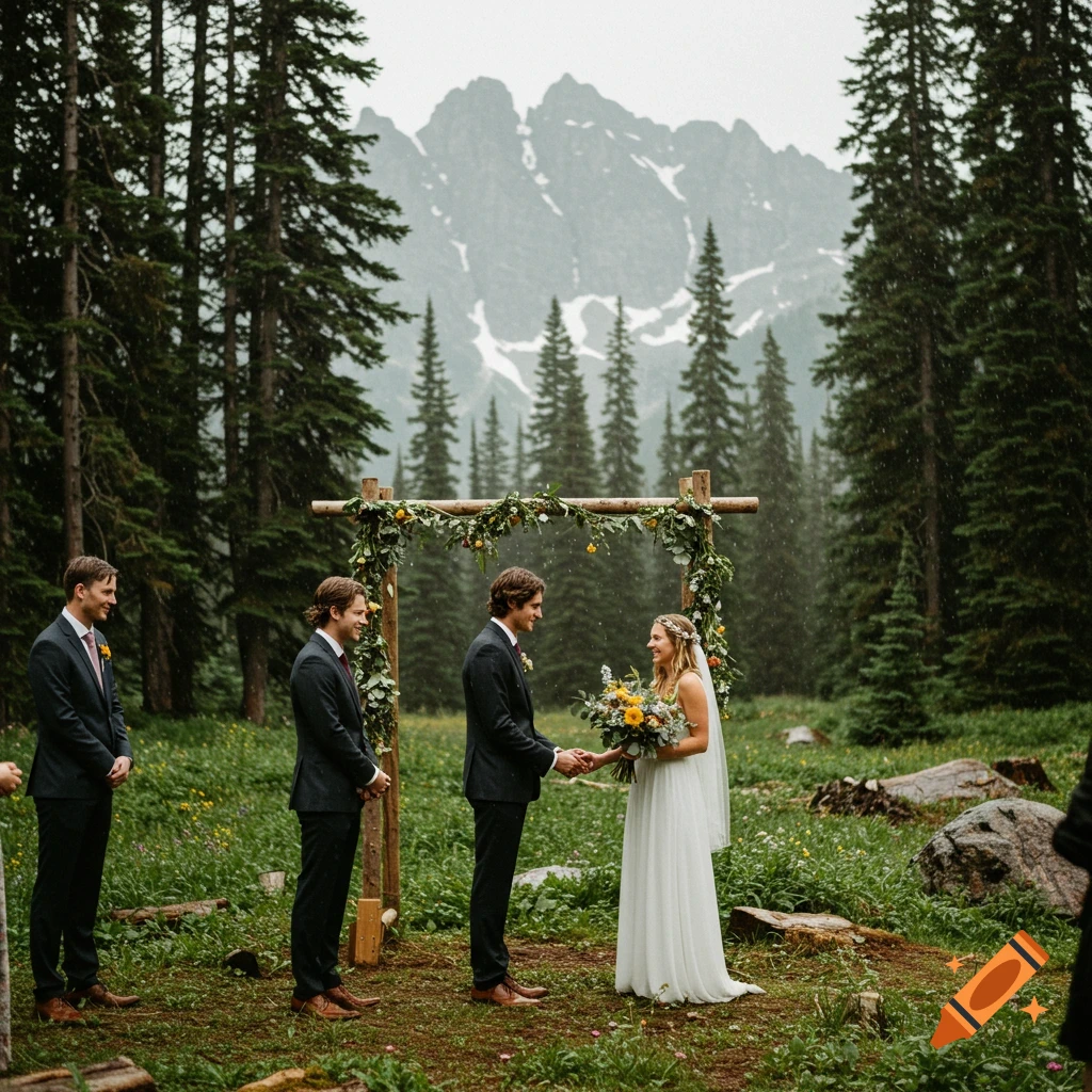 Wedding ceremony in a forest with mountains under a floral arch in the ...