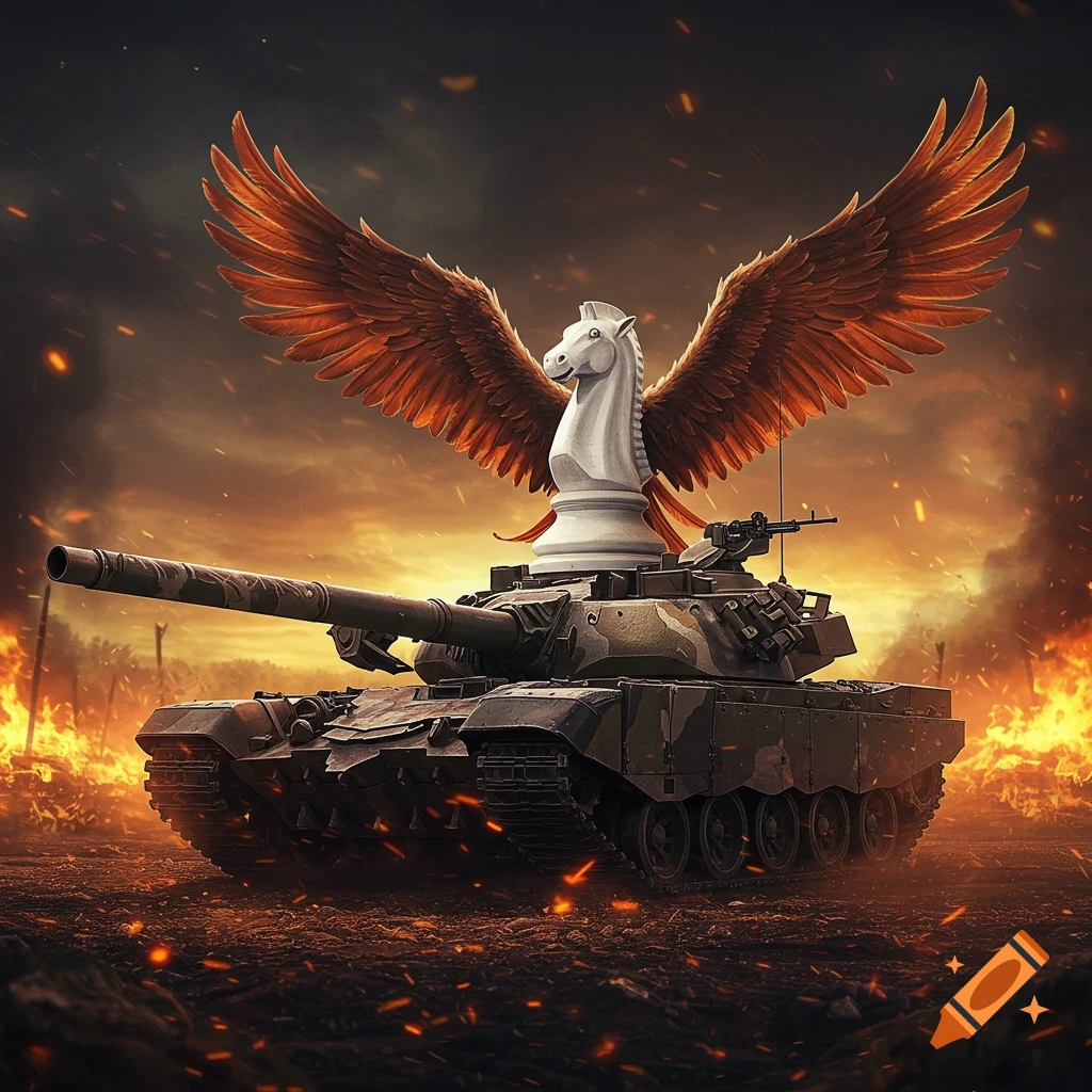 White knight chess piece with phoenix wings on tank turret on Craiyon