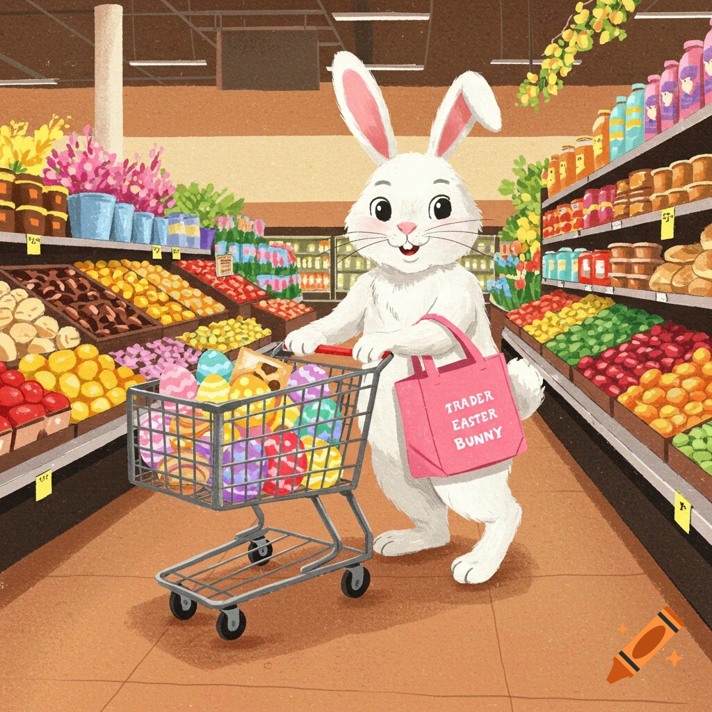 Easter bunny shopping with pink Trader Joe's tote bag on Craiyon