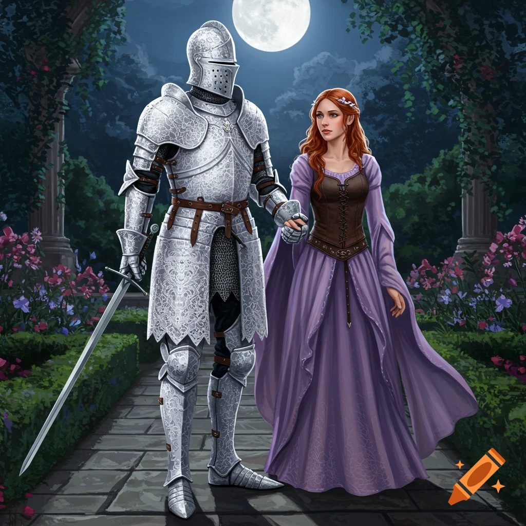 Medieval knight in white lace armor with lady in lavender leather ...