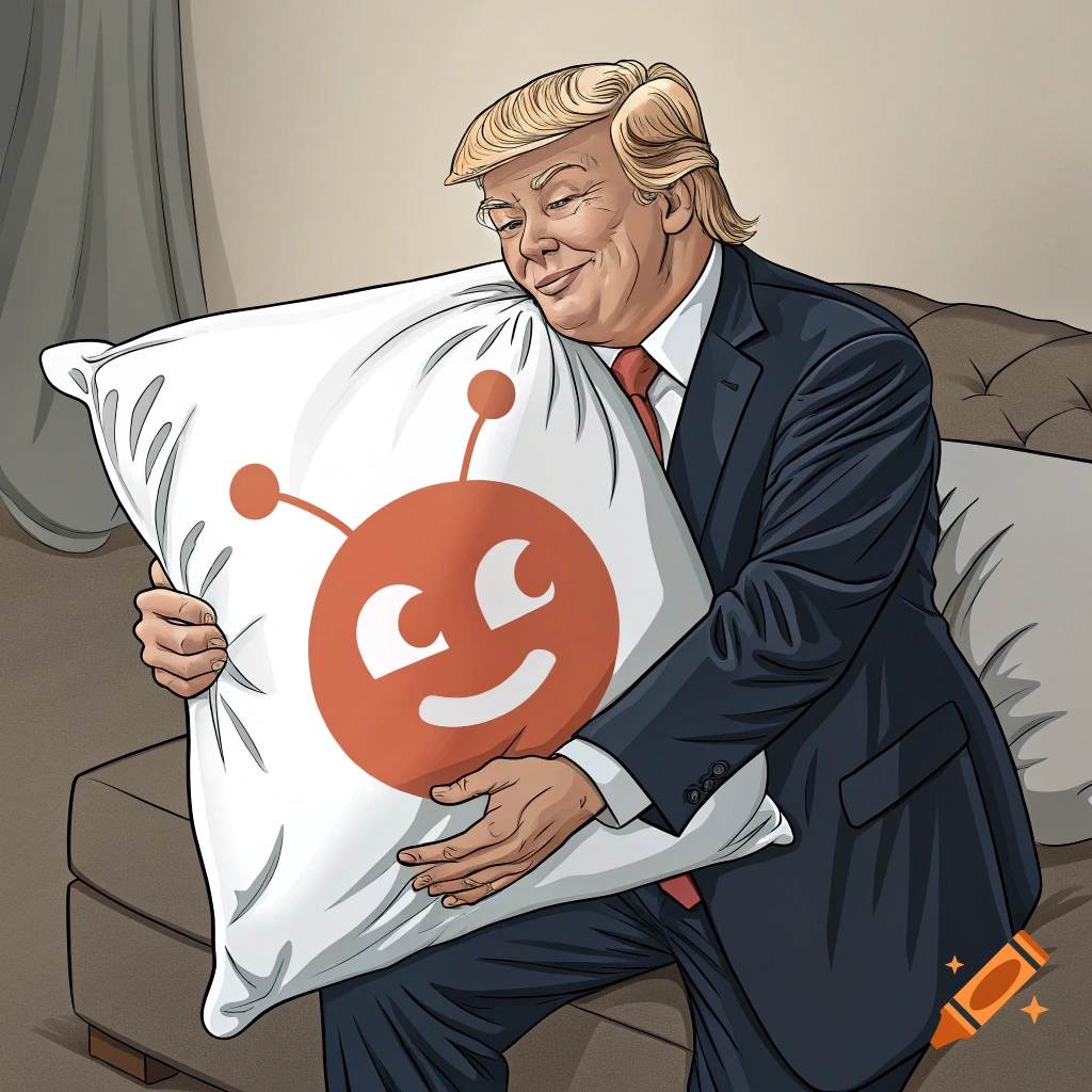 Illustration of Donald Trump hugging a pillow with the Reddit logo. on ...