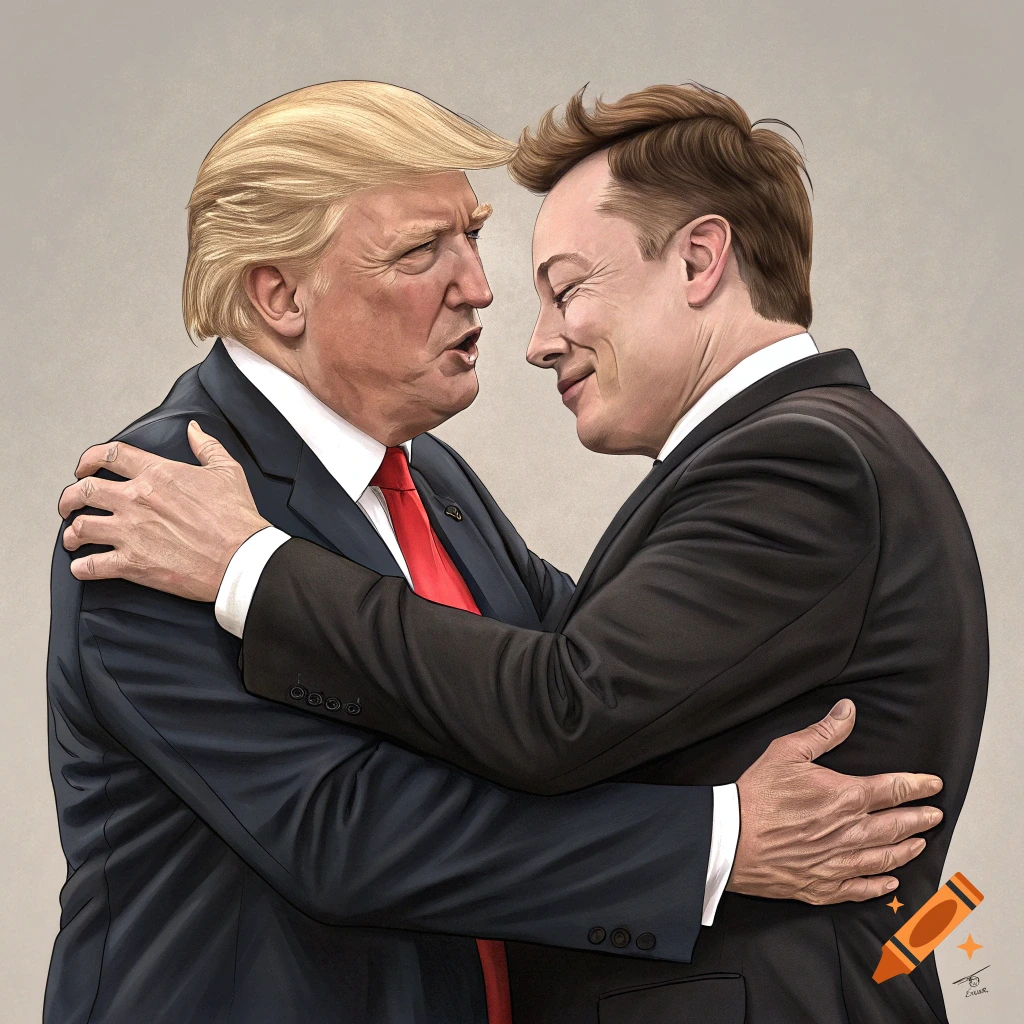 Elon Musk and Donald Trump with AK-47s, possible satire or commentary on current events. on Craiyon