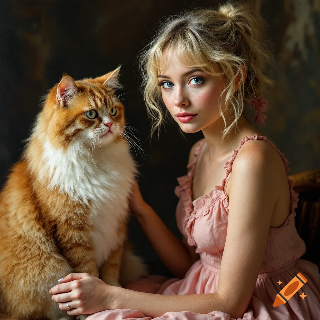 A woman in a pink dress sits with a large ginger and white cat. on Craiyon