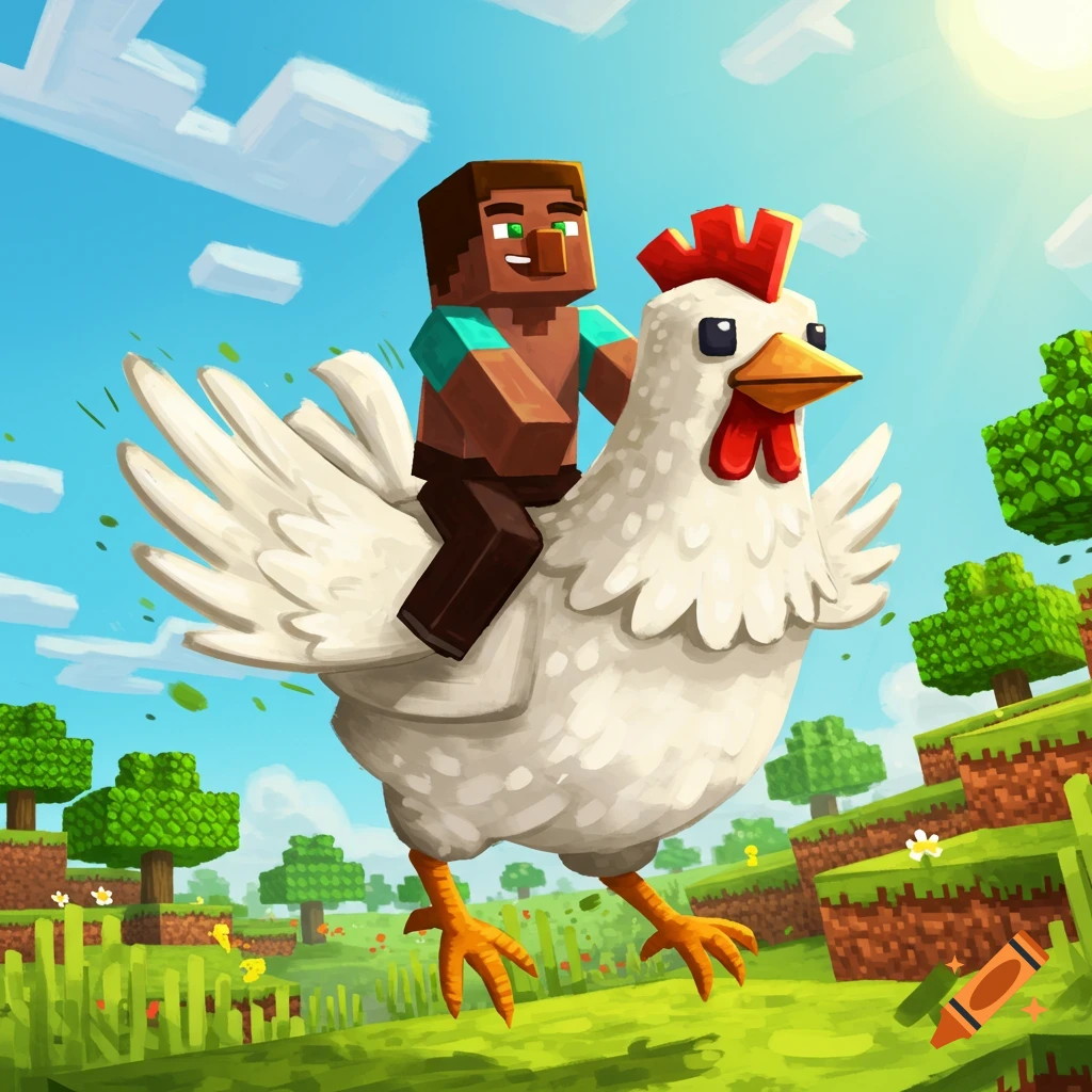 Roblox style character riding a large chicken through a blocky ...