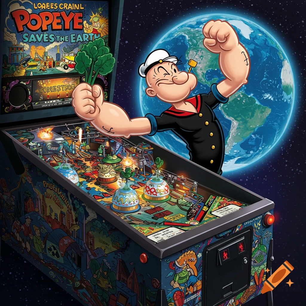 Popeye playing 'Popeye Saves the Earth' pinball machine, cartoon style ...