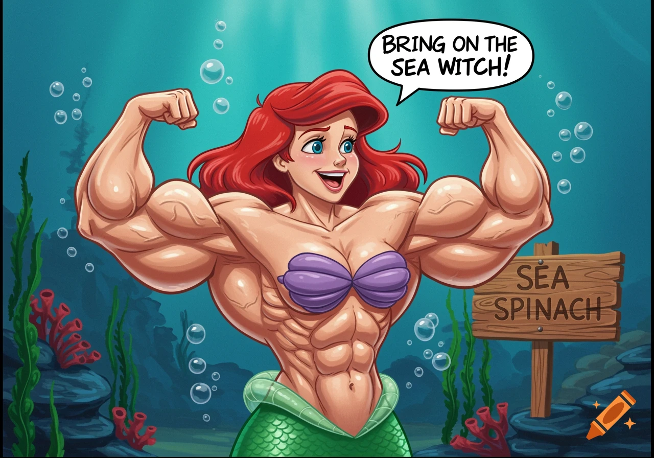 Muscular Ariel flexing biceps, speech bubble says "Bring On the Sea ...