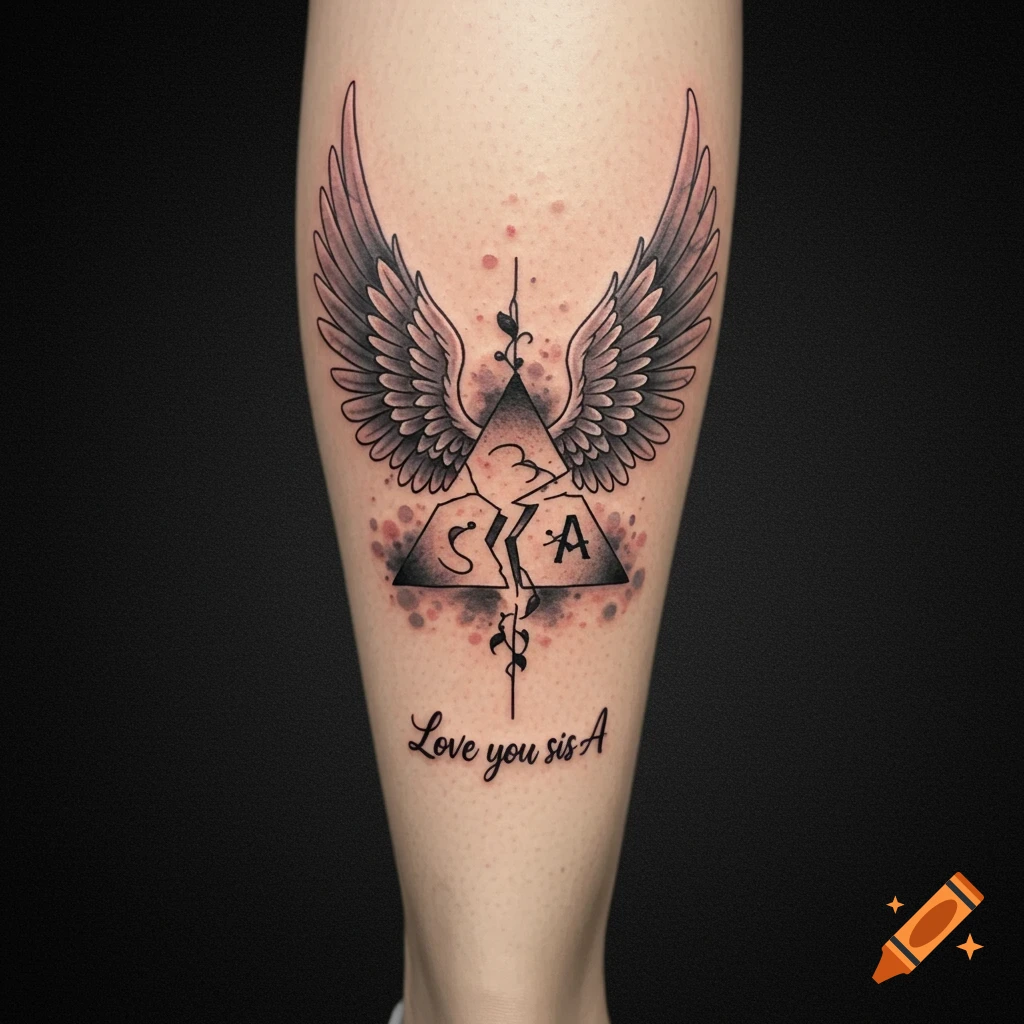Black and grey tattoo design on a leg featuring wings, a broken ...