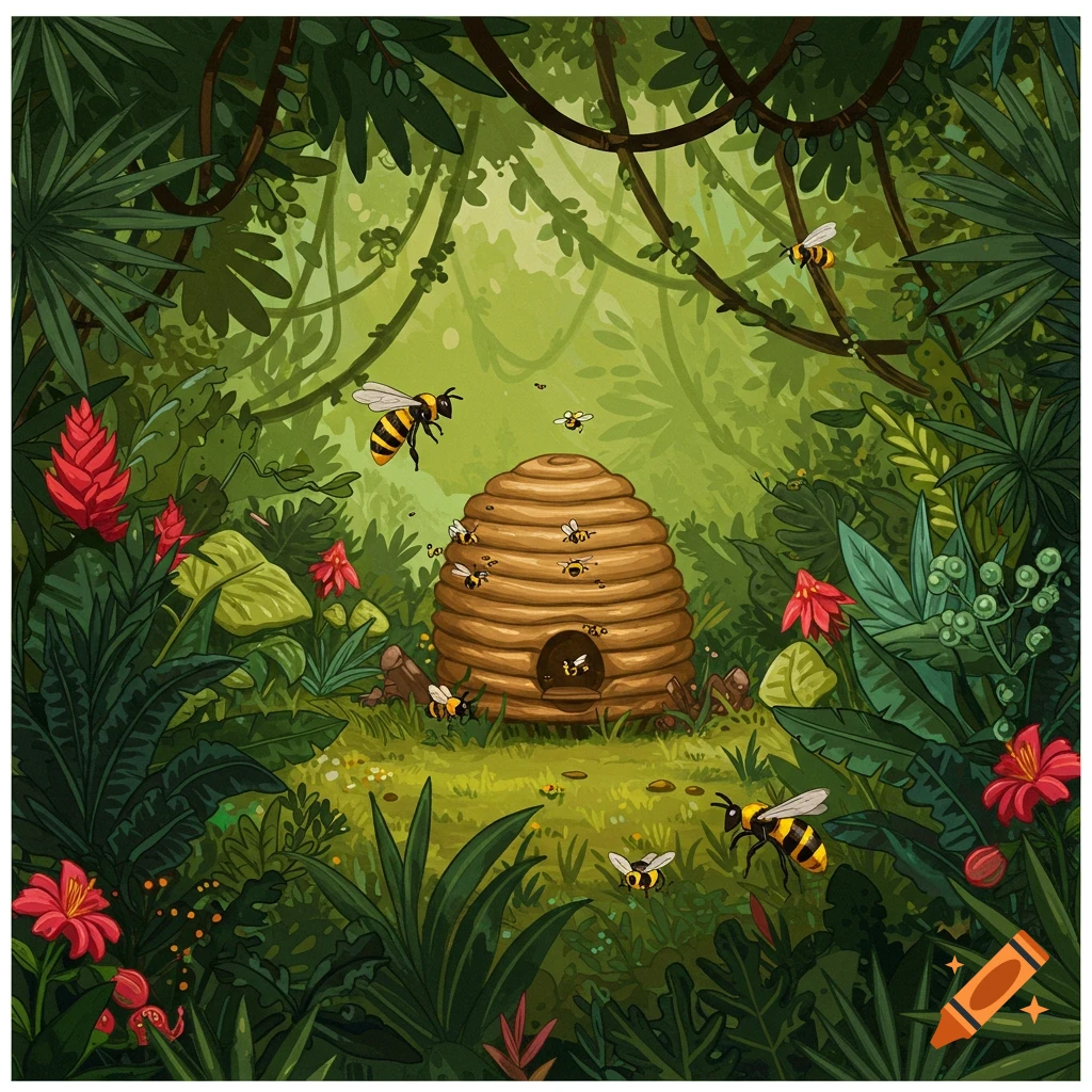 Illustration of a jaguar, monkeys, and a parrot in a lush rainforest ...