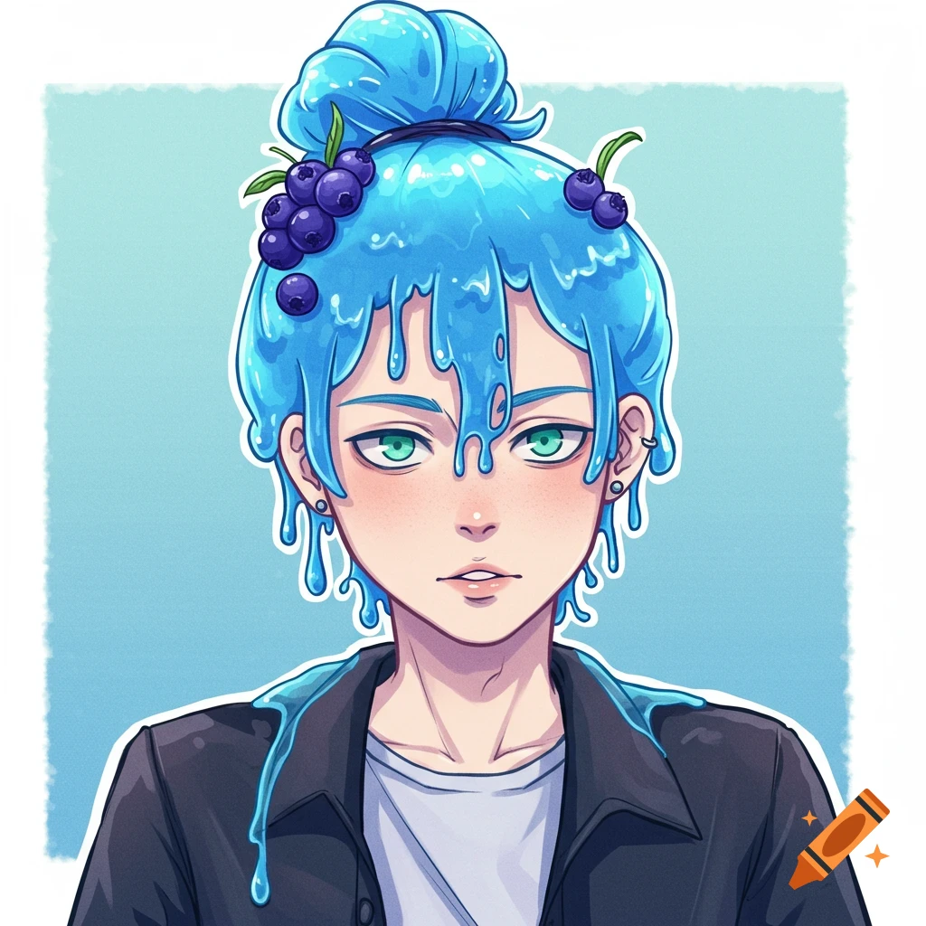 Anime boy with blue slime hair, man bun, and blueberries on Craiyon