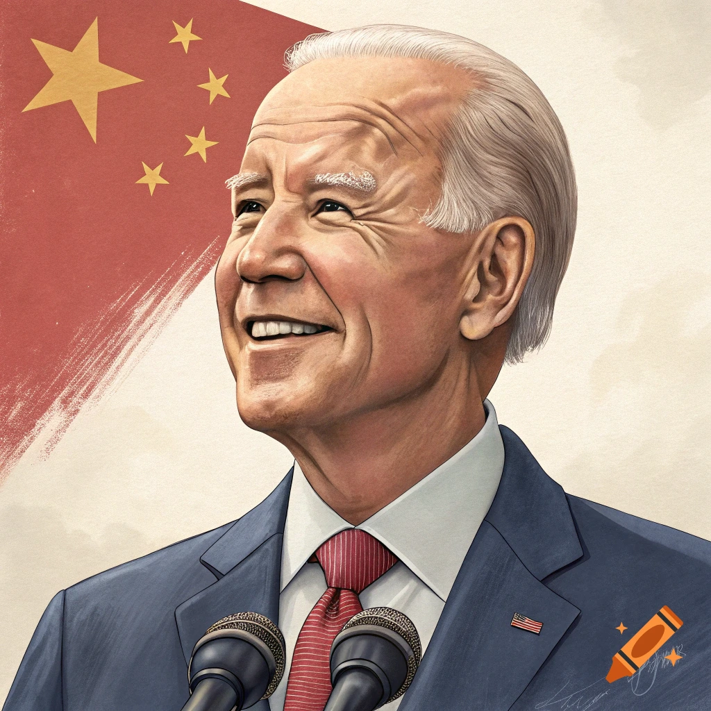 Illustration of Joe Biden smiling at microphones in front of a Chinese ...