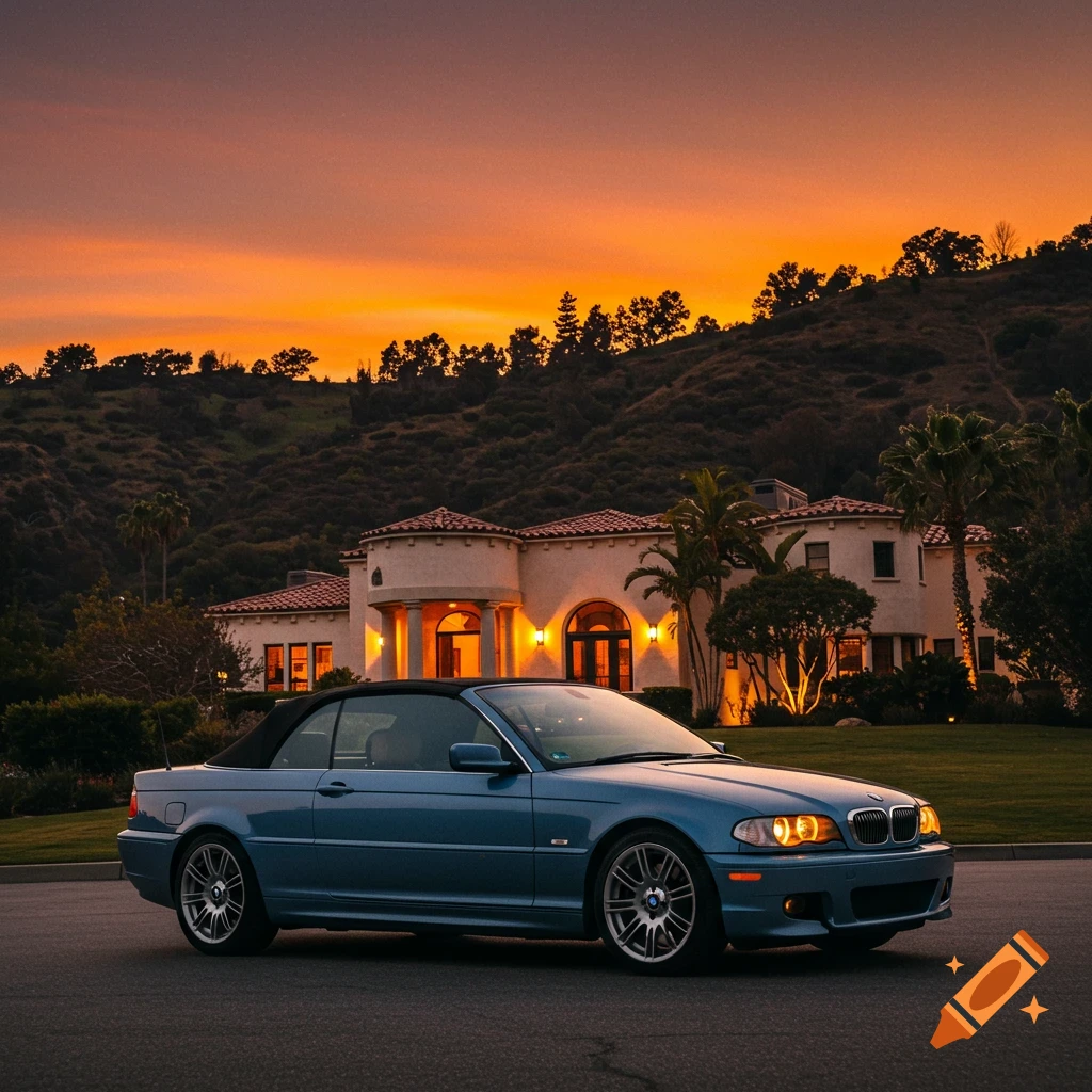 A blue BMW convertible parked in front of a mansion during sunset. on ...