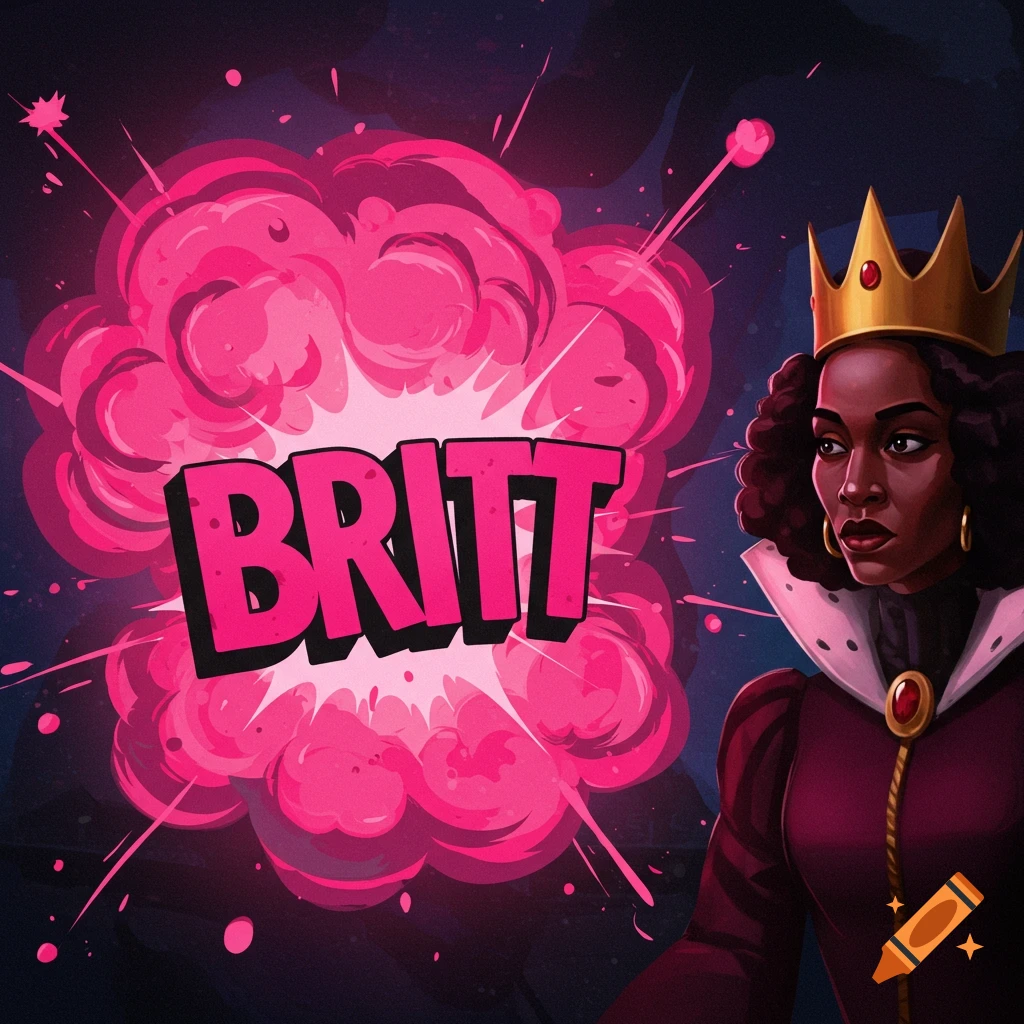 The word BRITT with a pink bomb explosion and a black queen in the ...