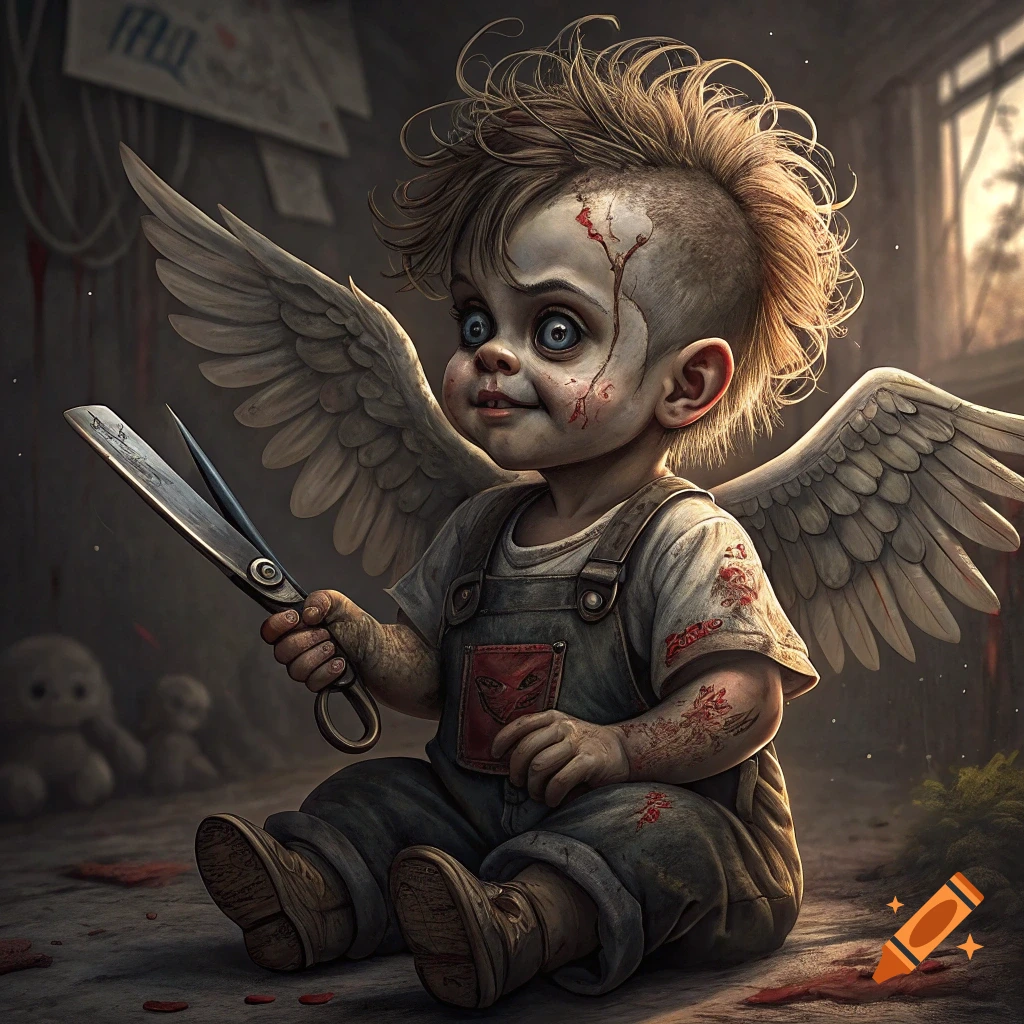 Punk cherub with haircutting shears resembling Danny DeVito on Craiyon