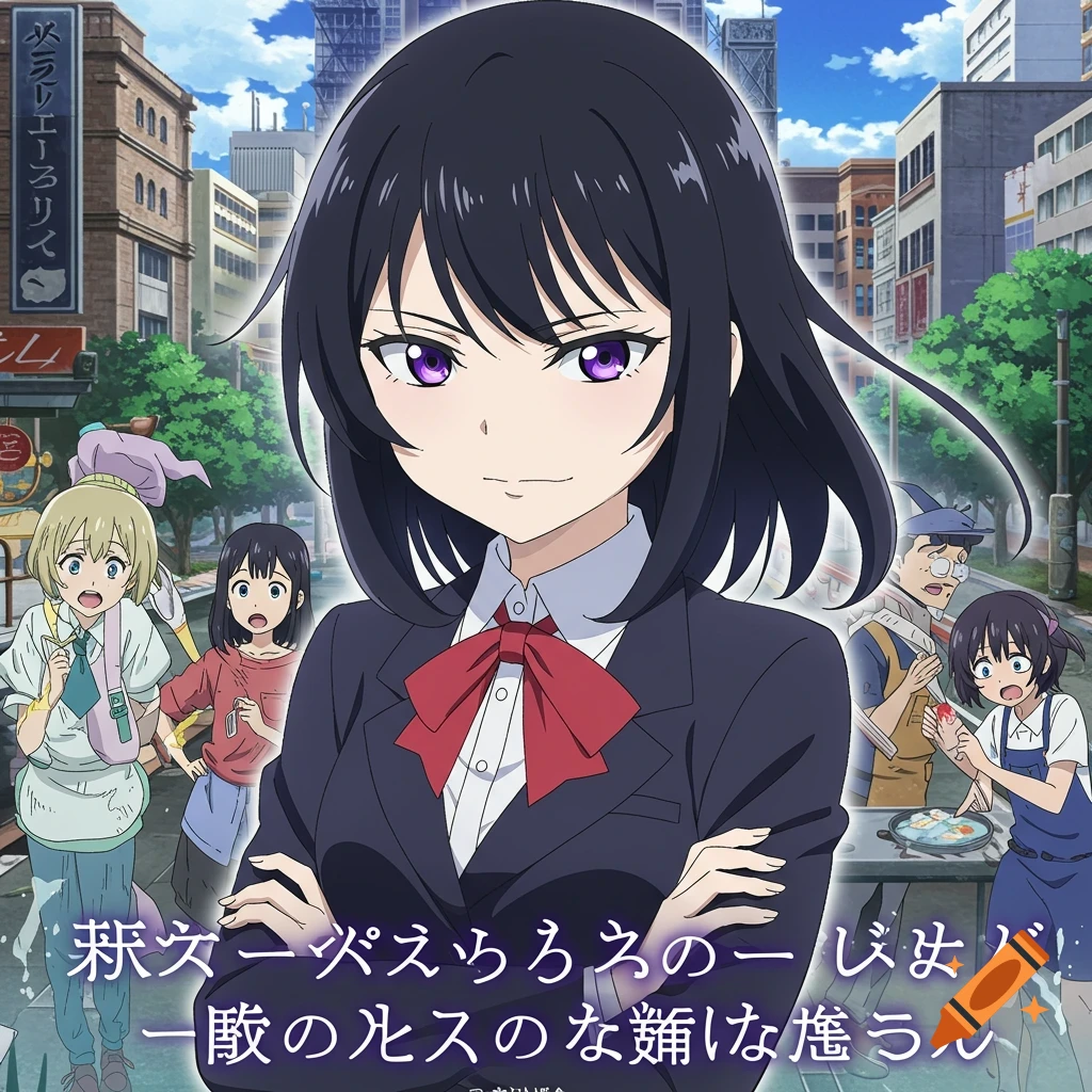 Anime poster with a serious girl in a school uniform against a city ...