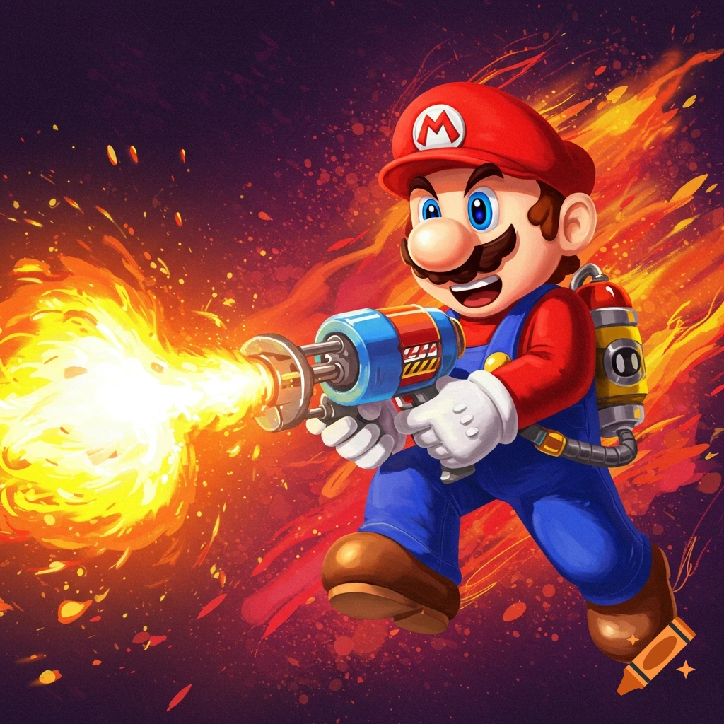Mario running and shooting a flamethrower, surrounded by fire and ...