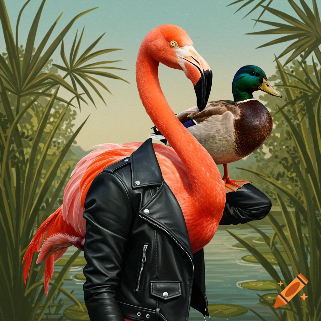 A flamingo in a purple top hat, rainbow heart sunglasses, and pink tutu ...