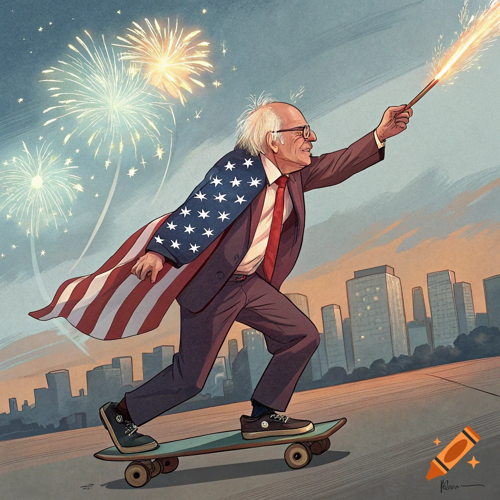 Bernie Sanders skateboarding with American flag and fireworks on Craiyon