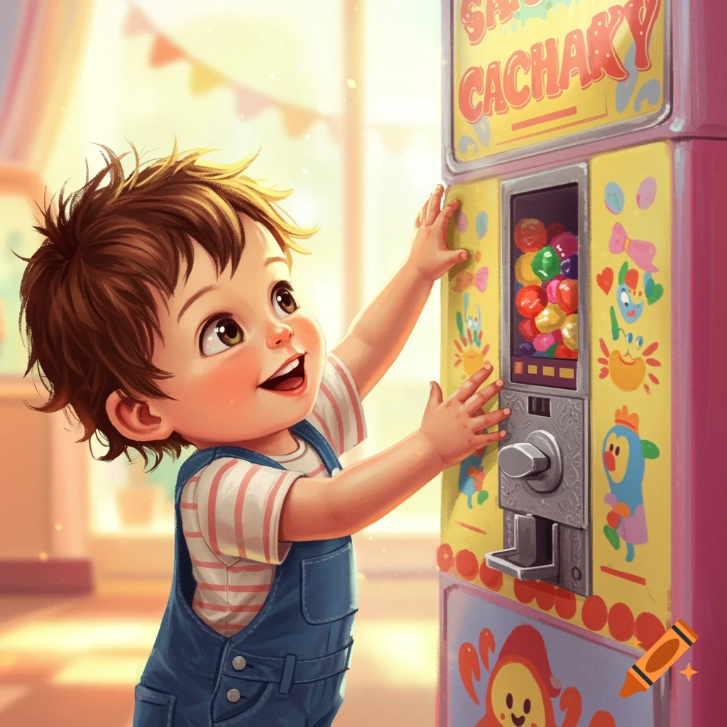 A happy child reaching for candy in a brightly colored machine. on Craiyon