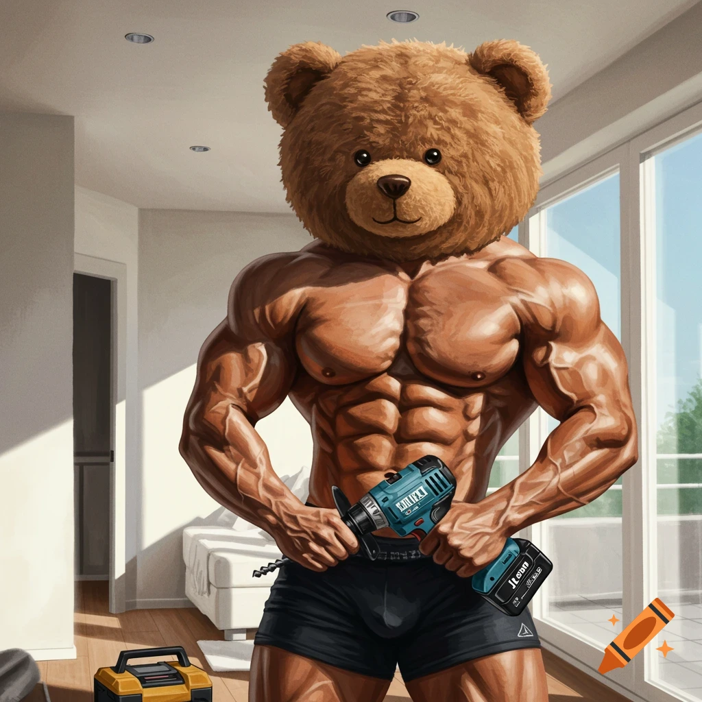 Body builder with teddy bear head holding a drill on Craiyon