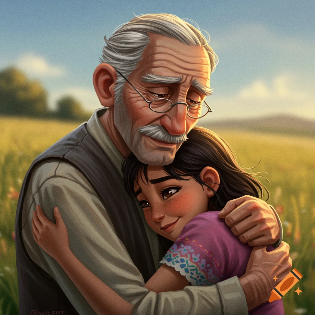 Old Javier and Petra hugging, from The Last Cuentista on Craiyon