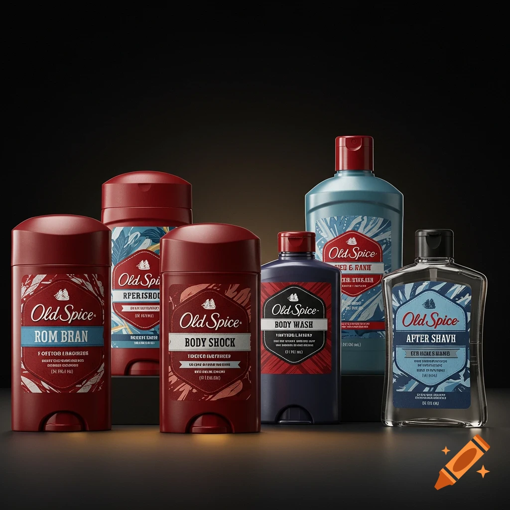 Still life photograph of several Old Spice grooming products. on Craiyon