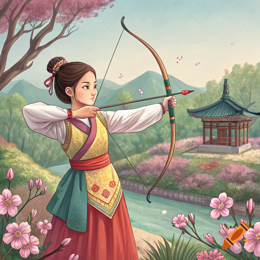 A young woman in traditional Korean clothing aims a bow and arrow in a ...