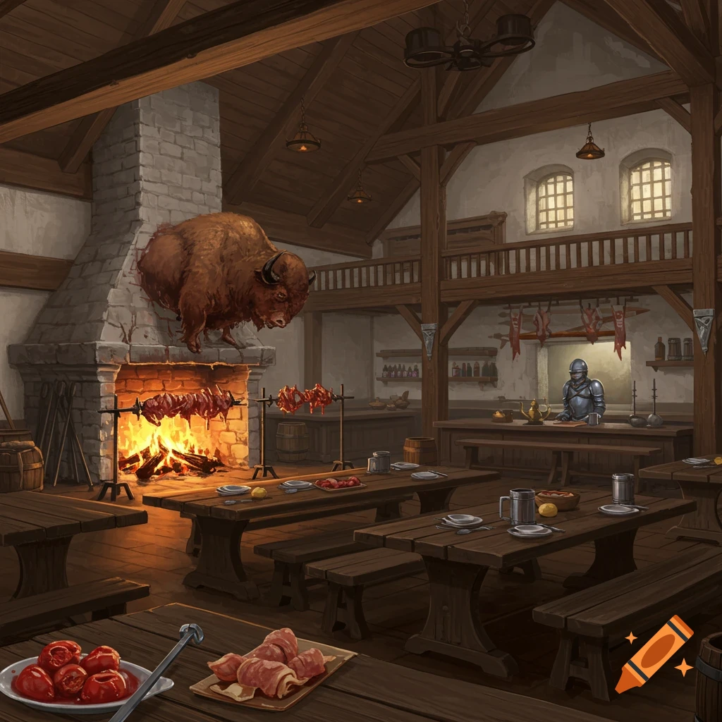 Interior of the Flying Buffalo Inn common room with a buffalo carcass ...