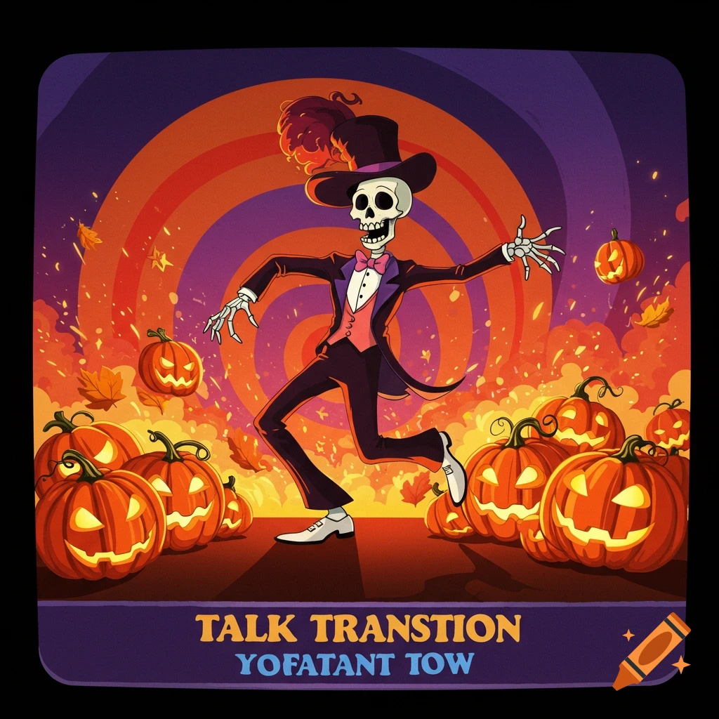 1970s talk show commercial transition with a skeleton and pumpkins on ...