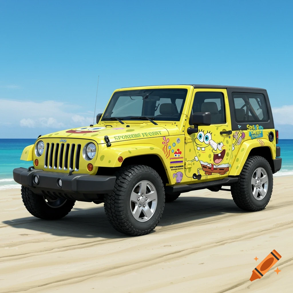 A yellow Jeep Wrangler with a SpongeBob wrap is parked on a beach. on ...