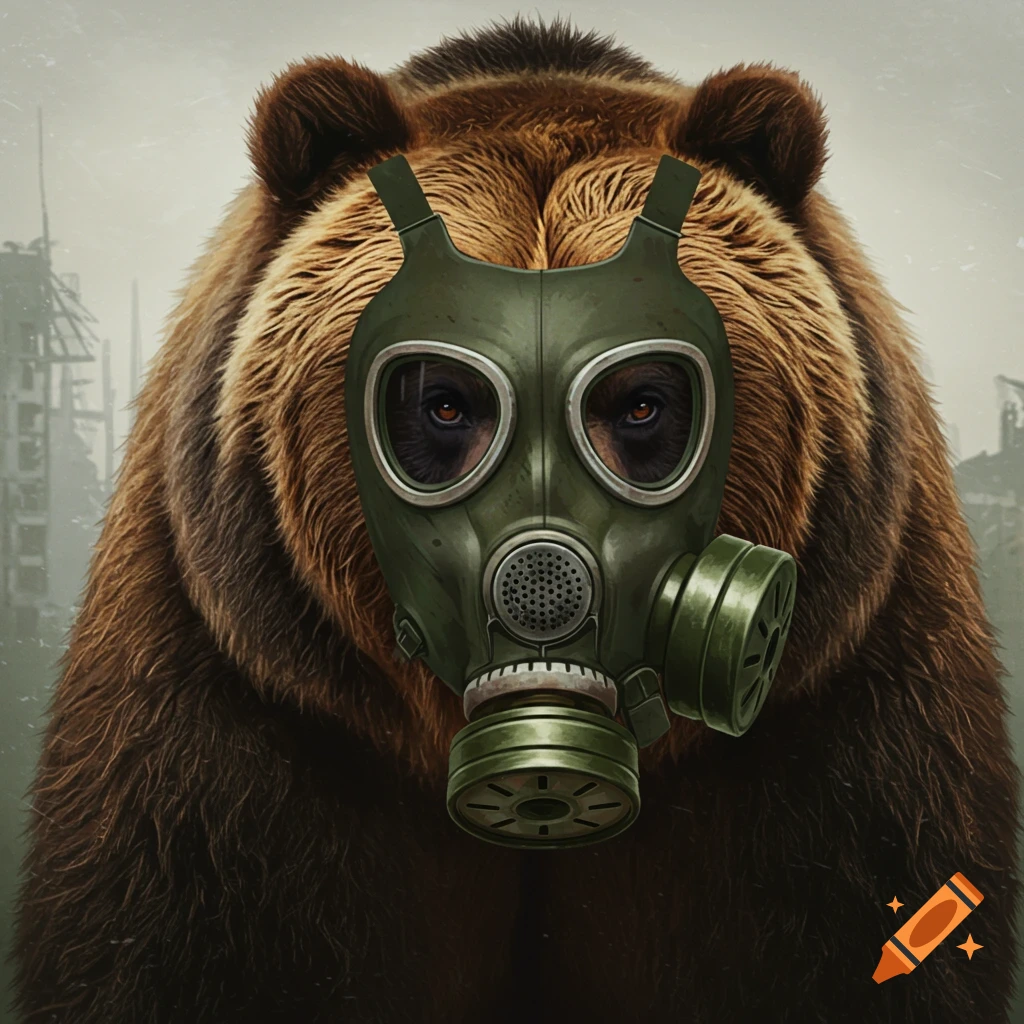 A panda wearing a gas mask in a hazy, polluted city. on Craiyon