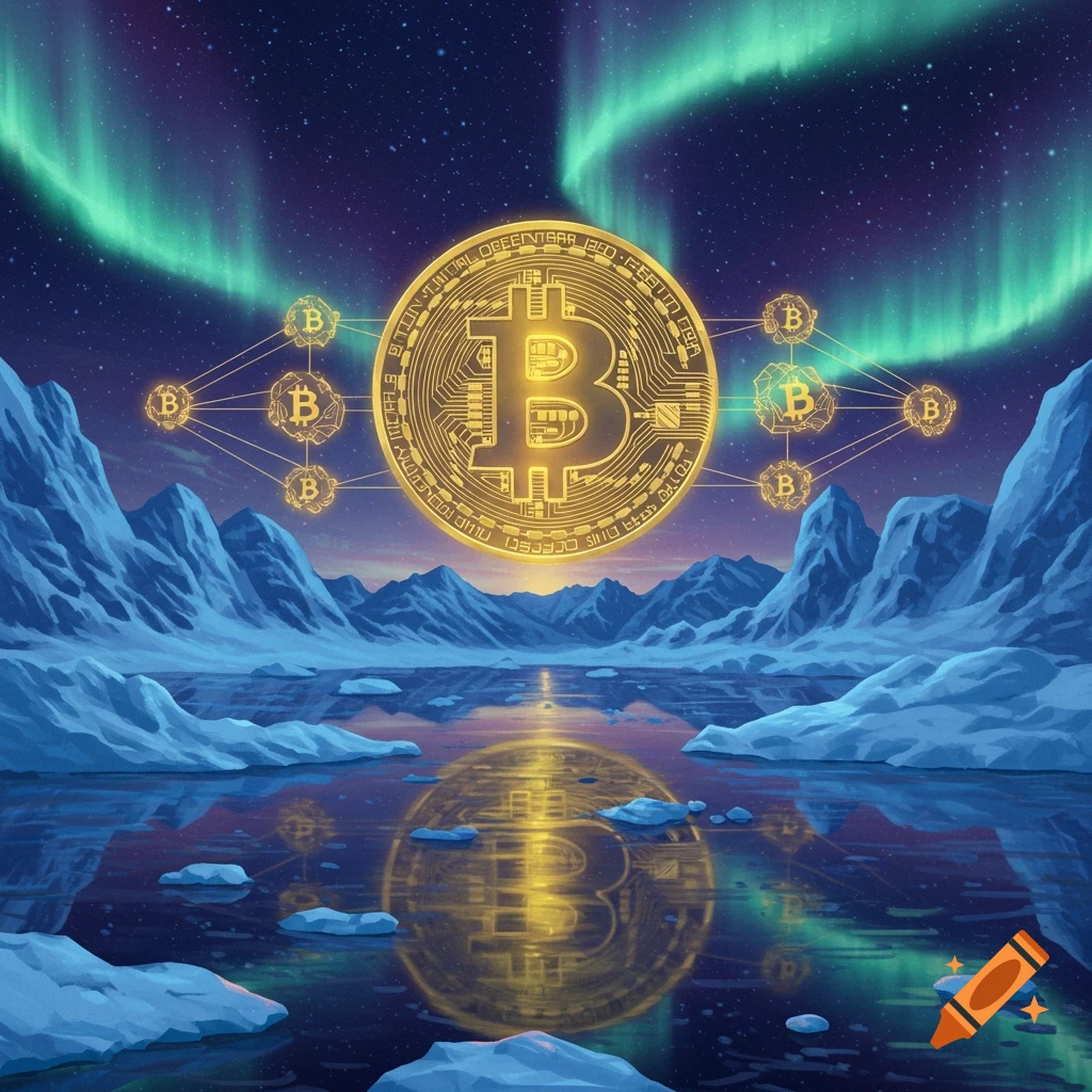 A large golden bitcoin coin floats above an arctic landscape with ...