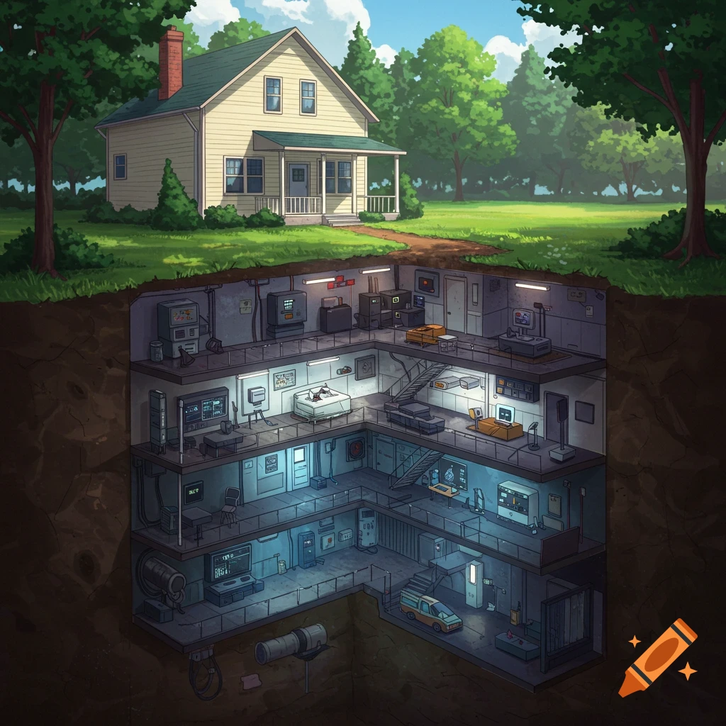 Surface house with a 5-story underground bunker on Craiyon