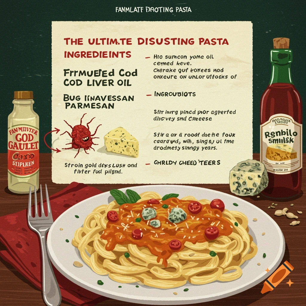 Pasta recipe screenshot with gross ingredients on Craiyon