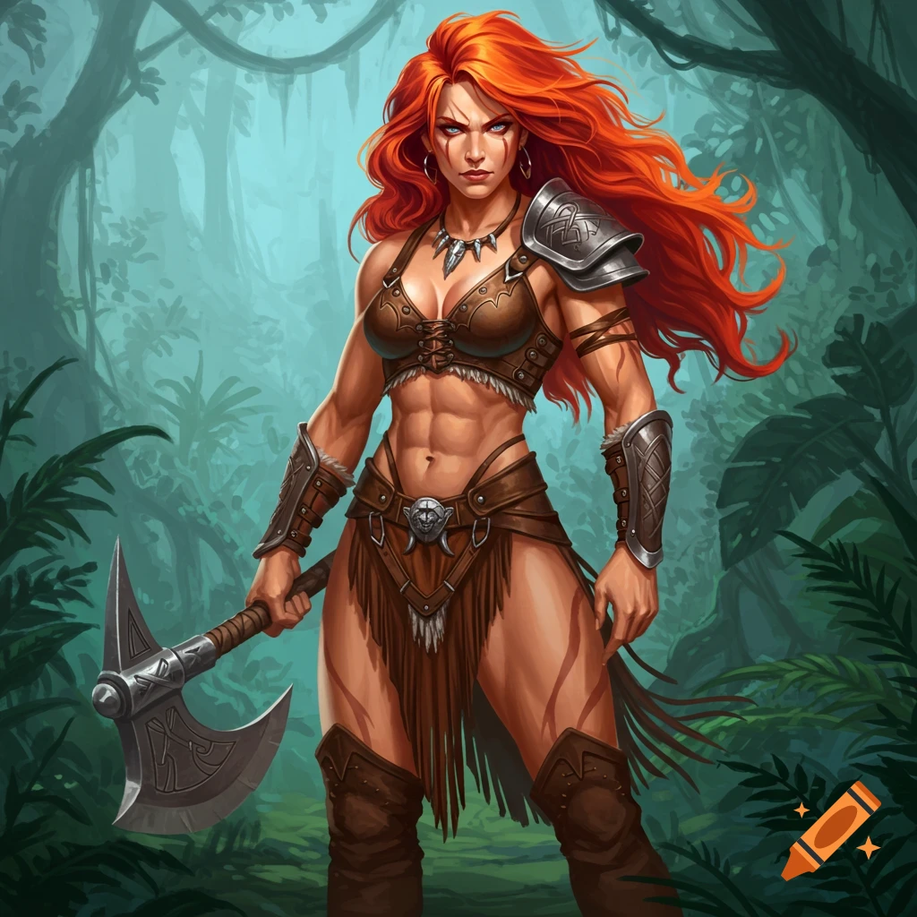 Three giant women are standing in a river, with mountains and waterfalls in the background. A ...