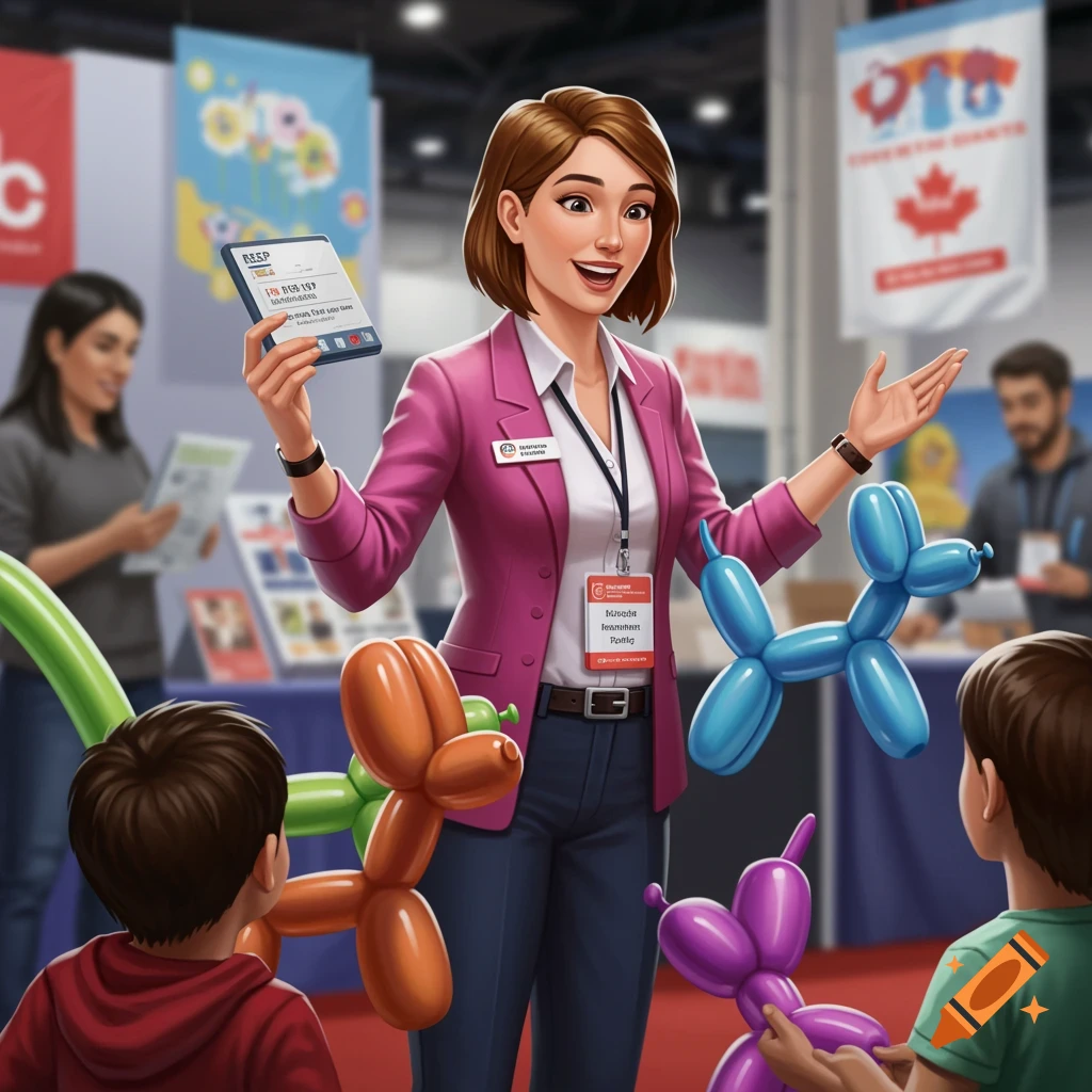 Female RESP Advisor at a Trade Show talking to parents, making balloon animals for kids on Craiyon