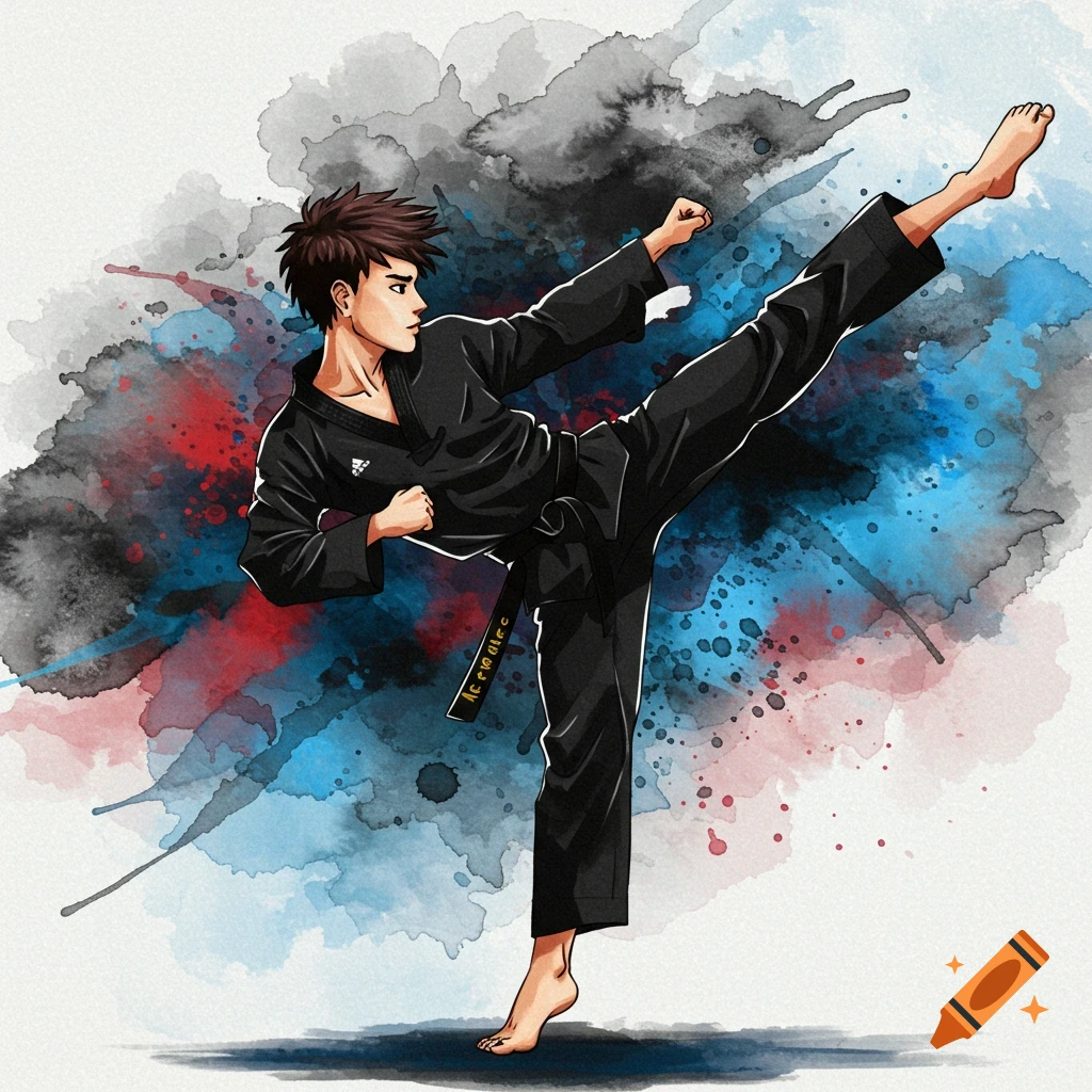 Photorealistic portrait of a male Taekwondo instructor in uniform with ...