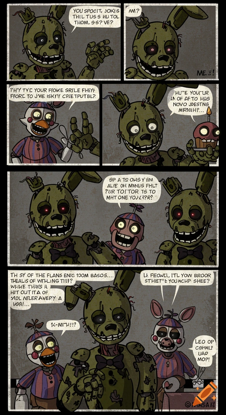 Cartoon drawing of FNAF nightguard running from Freddy Fazbear on Craiyon