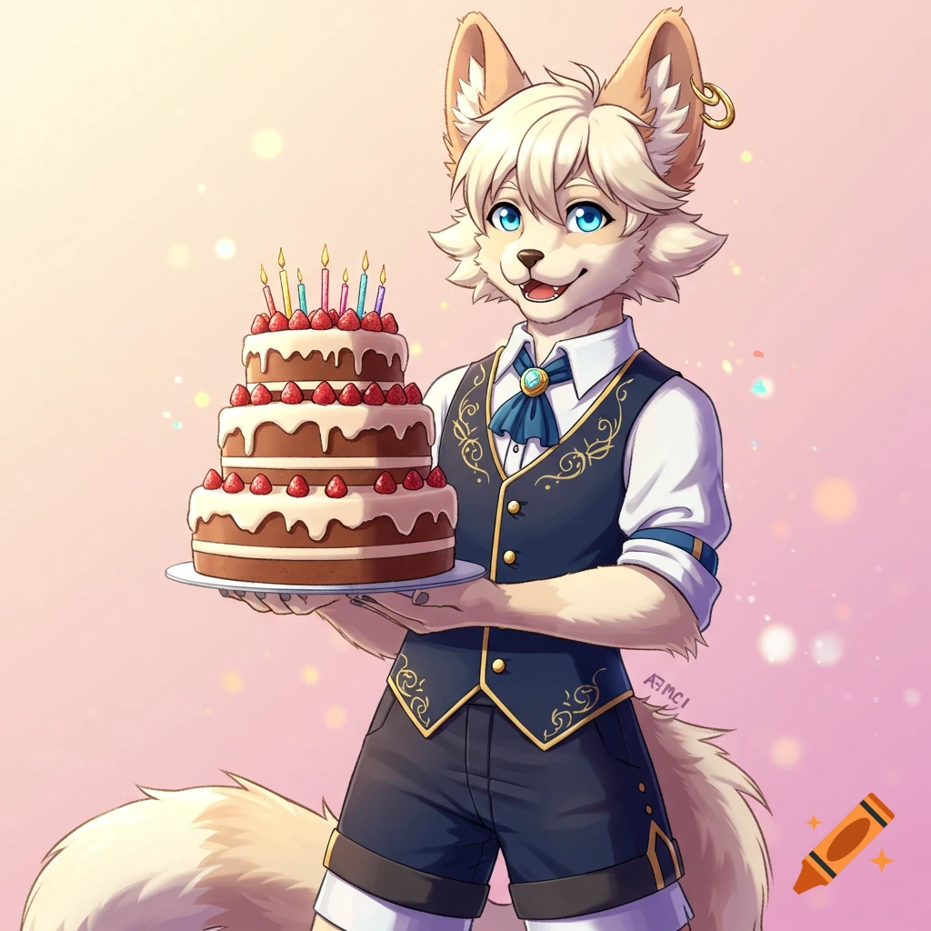 Anime furry character holding a tiered birthday cake on Craiyon
